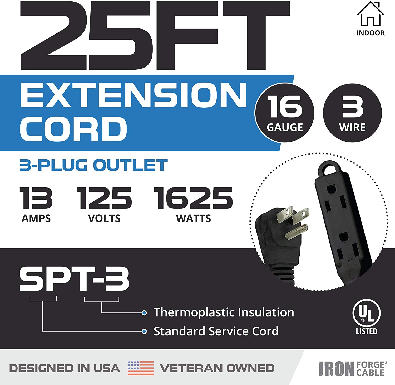 Extension Cord with 3 Outlet Block 16 Gauge Black - 3, 6, 8, 10, 15, or ...