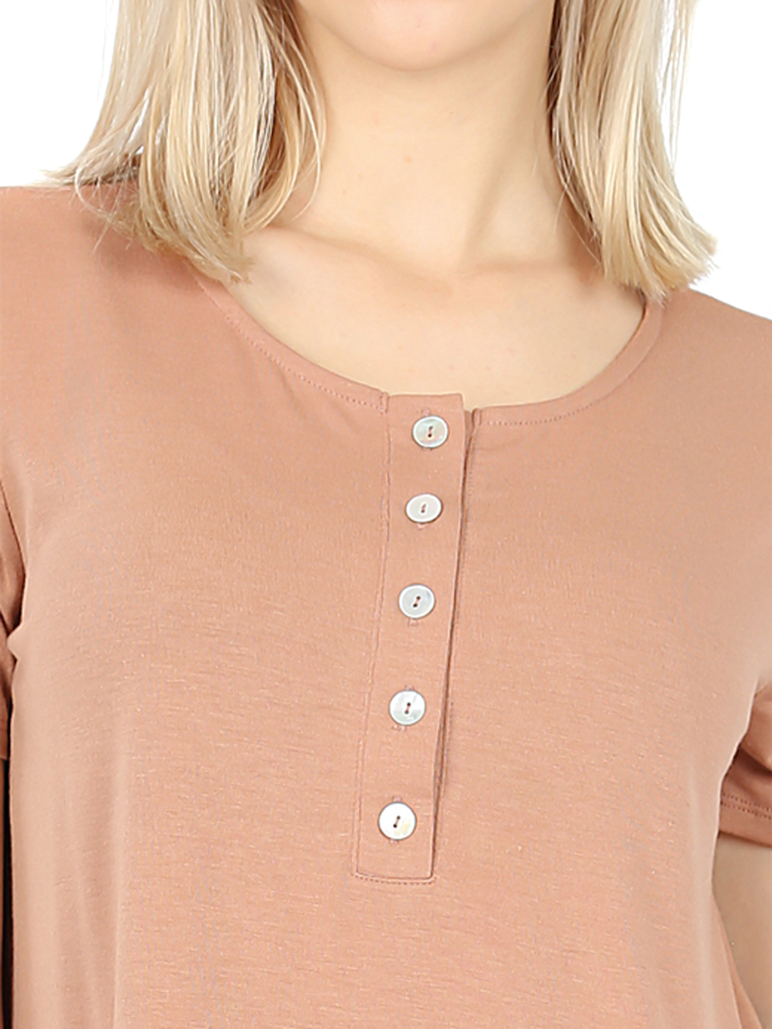 Women And Plus Short Sleeve Dolphin Hem Relaxed Fit Henley Tee Shirt Top
