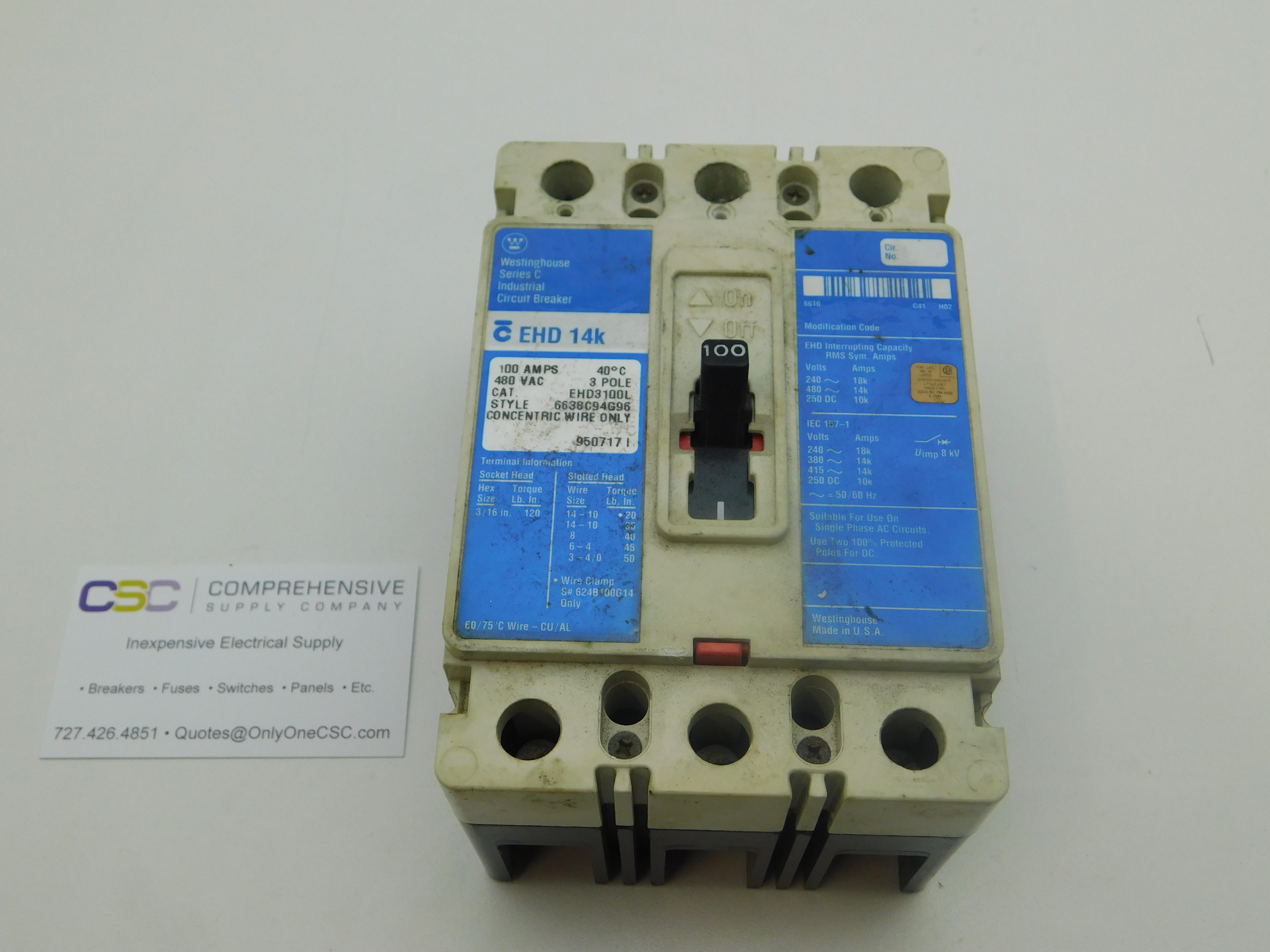 EHD3100L - WESTINGHOUSE 100A AMP 3P POLE 14kA@480V FEED THRU BREAKER ...