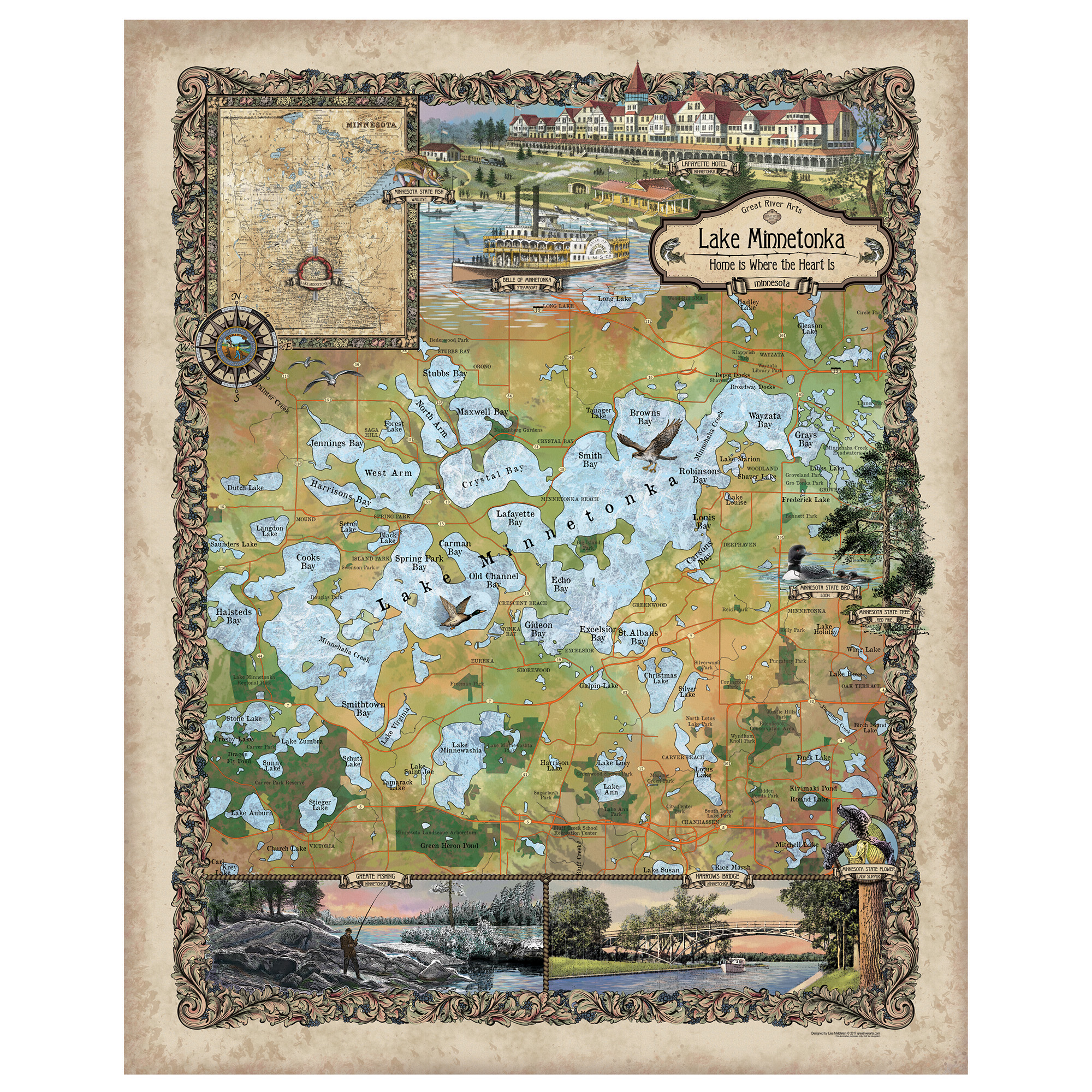 Lake Minnetonka Minnesota Map Art Print Poster Vintage Great Home Decor ...