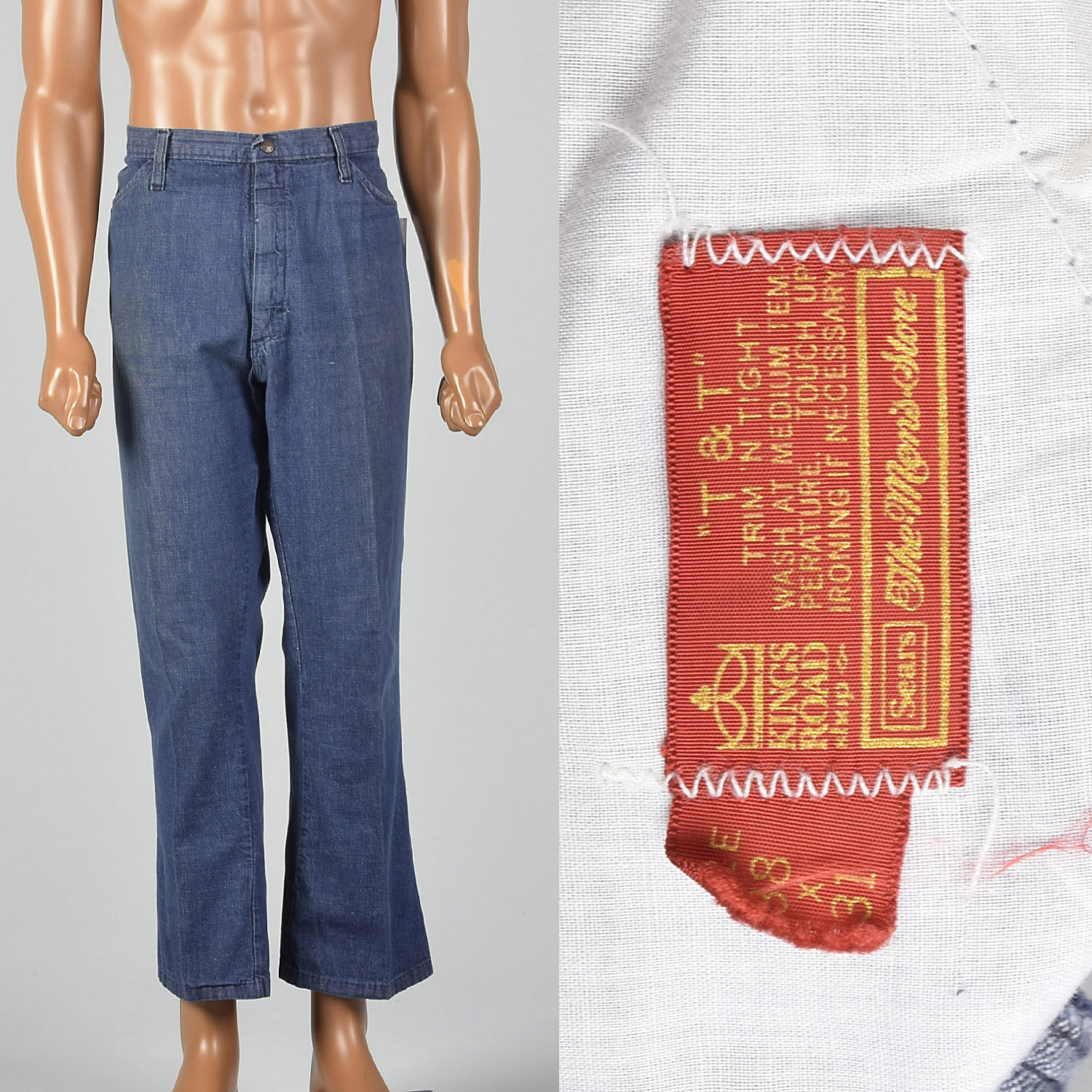 Large 1970s Mens Denim Jeans Blue Flared Leg VTG Distressed Pockets Zip ...