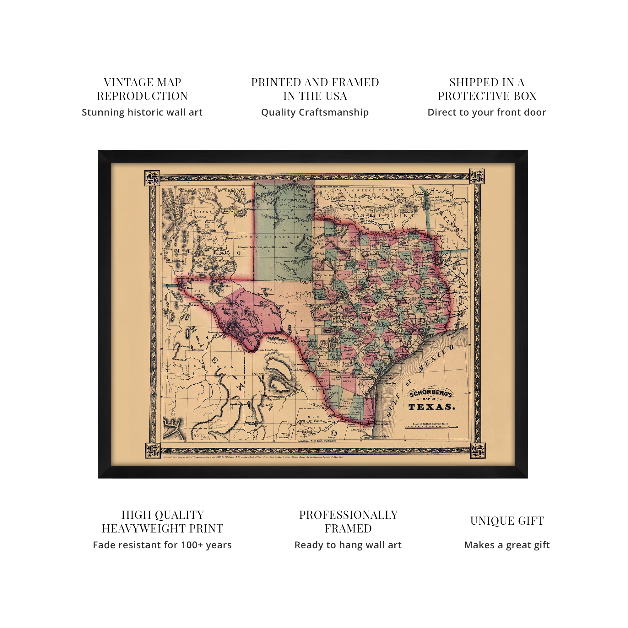 1866 Texas Map - Framed Vintage State of Texas Map Wall Art Poster ...
