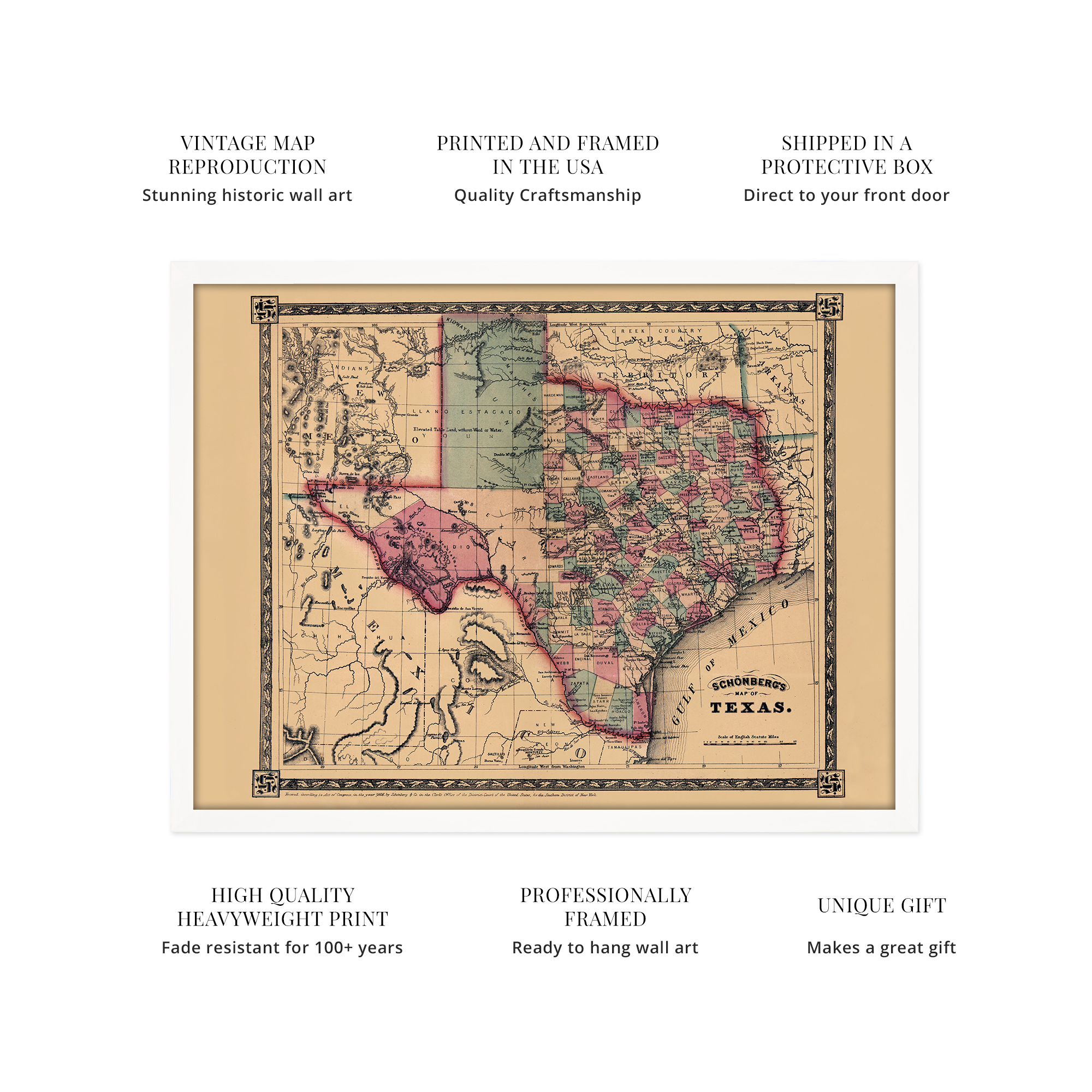 1866 Texas Map - Framed Vintage State of Texas Map Wall Art Poster ...