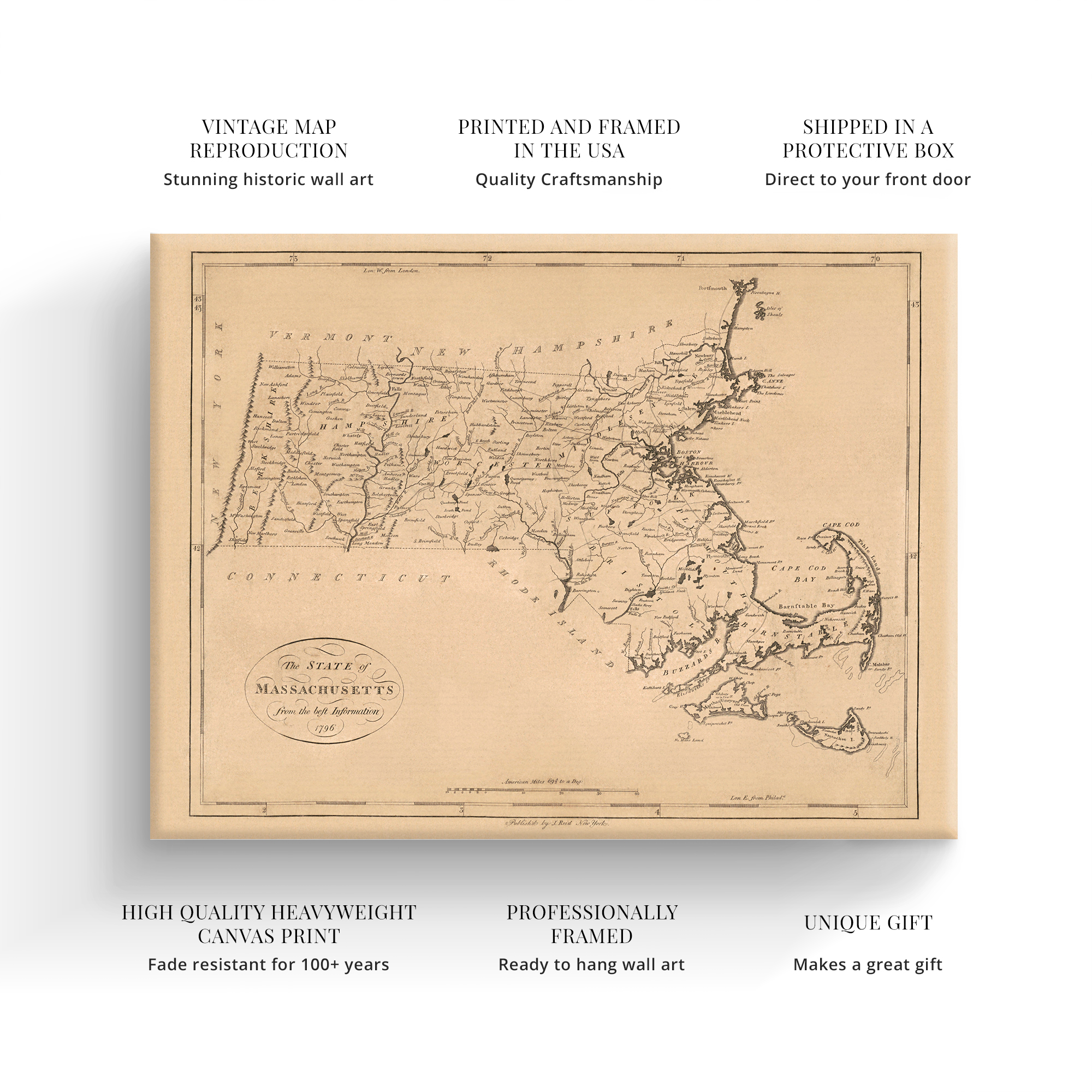 1796 Massachusetts Map - Canvas Wrap Vintage Massachusetts Wall Art ...