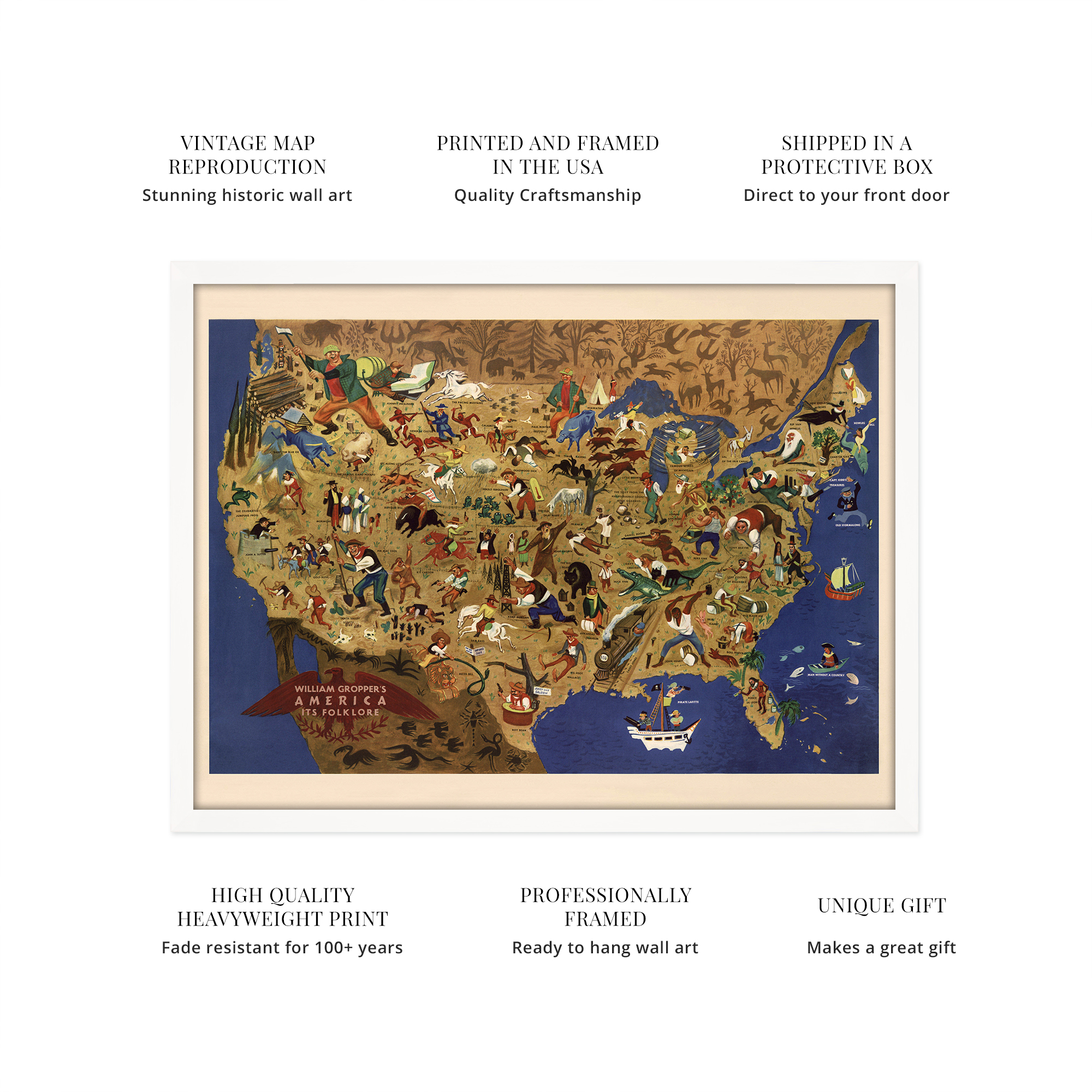 1946 United States Map - Framed Vintage Map of the United States Wall ...