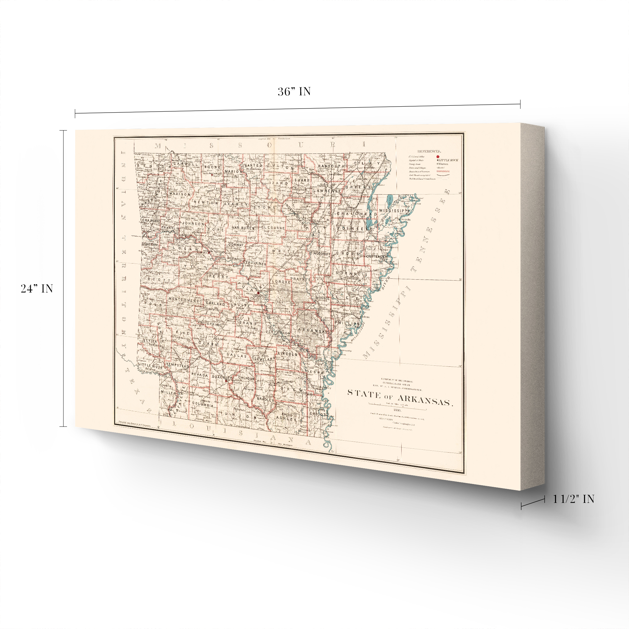 1886 Arkansas Map - Canvas Wrap Vintage Map of Arkansas Wall Art Poster ...
