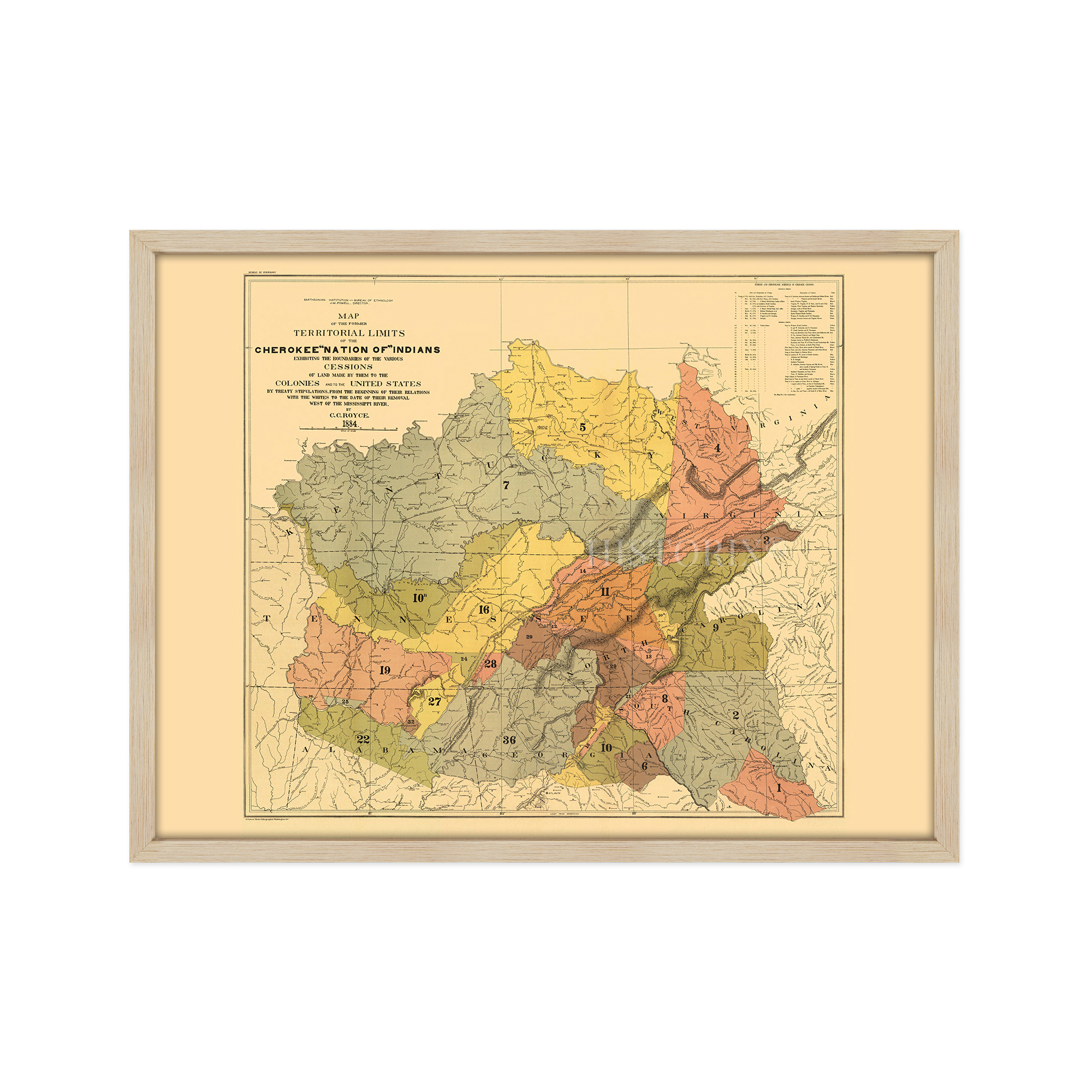 1884 Cherokee Nation History Map - Framed Vintage Map of Indian Tribes ...