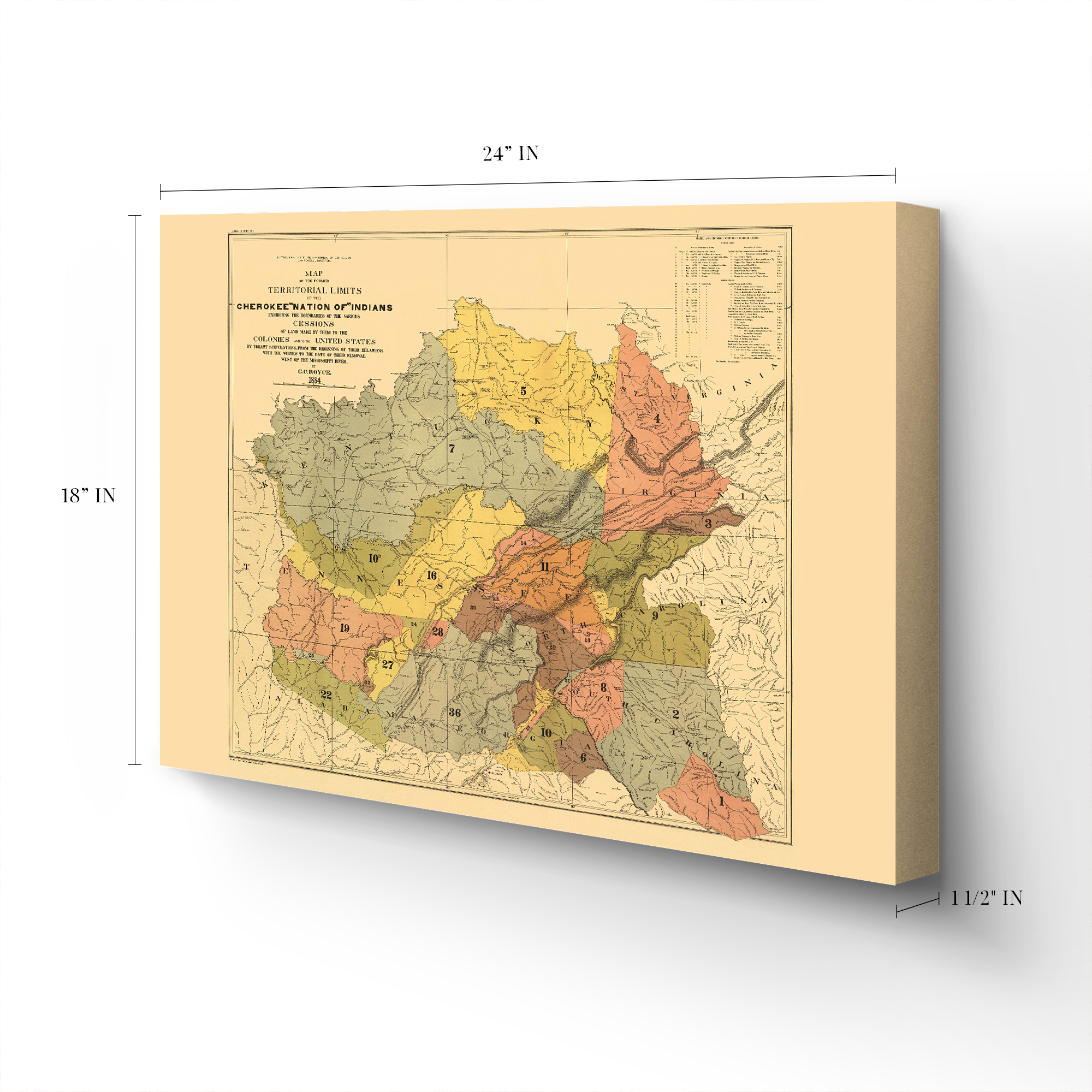 1884 Cherokee Nation Map Art - Canvas Wrap Vintage Oklahoma Map Wall ...