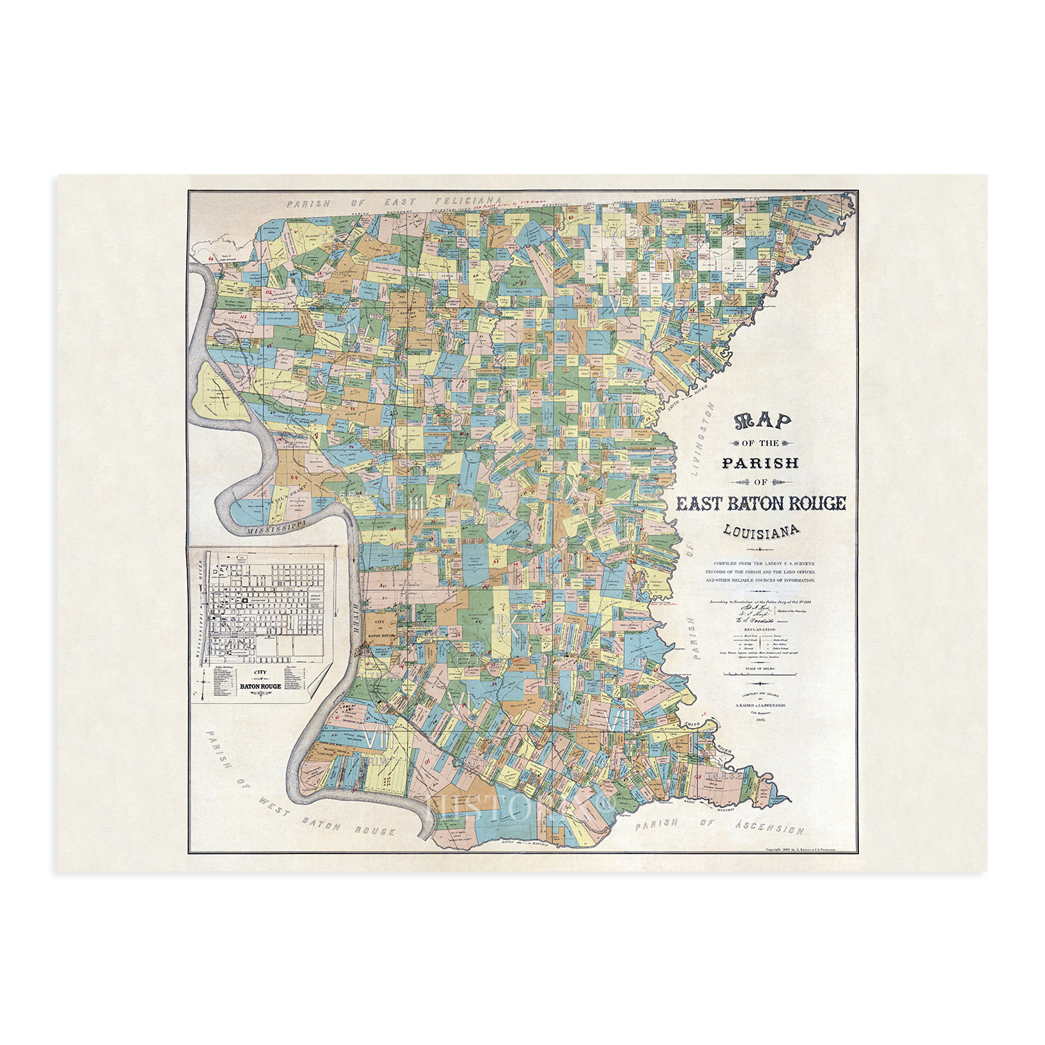 1895 East Baton Rouge Louisiana Map Poster - Vintage East Baton Wall ...