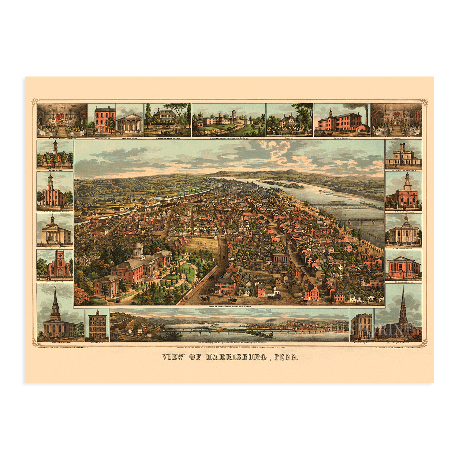 1855 Harrisburg Pennsylvania Map Poster - 18x24 Inch Vintage Harrisburg ...