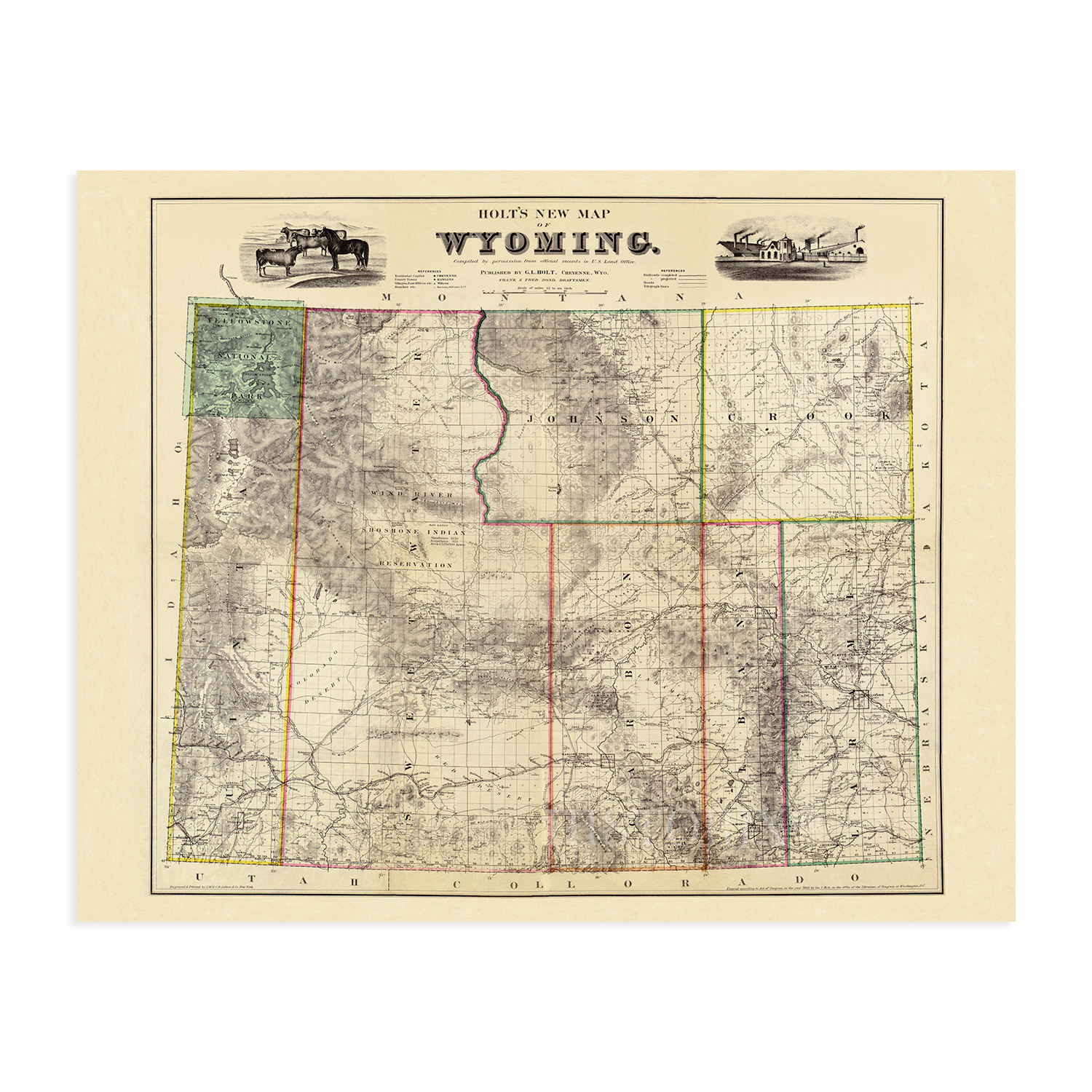 1883 Map of Wyoming - Vintage Wyoming Map - Old Wyoming State Wall Art Poster | eBay