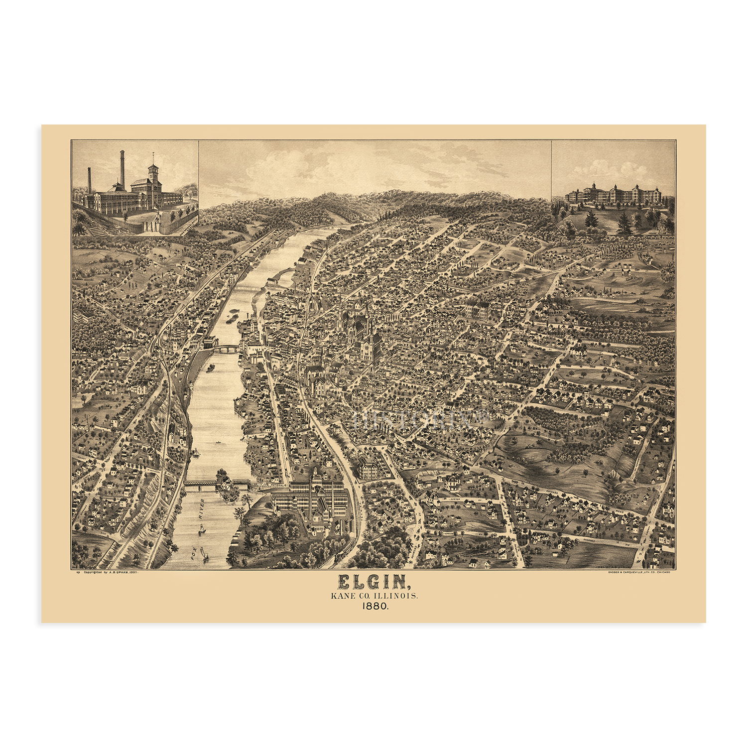 1880 Elgin Illinois Map Poster - Old Map of Elgin Illinois Wall Art ...
