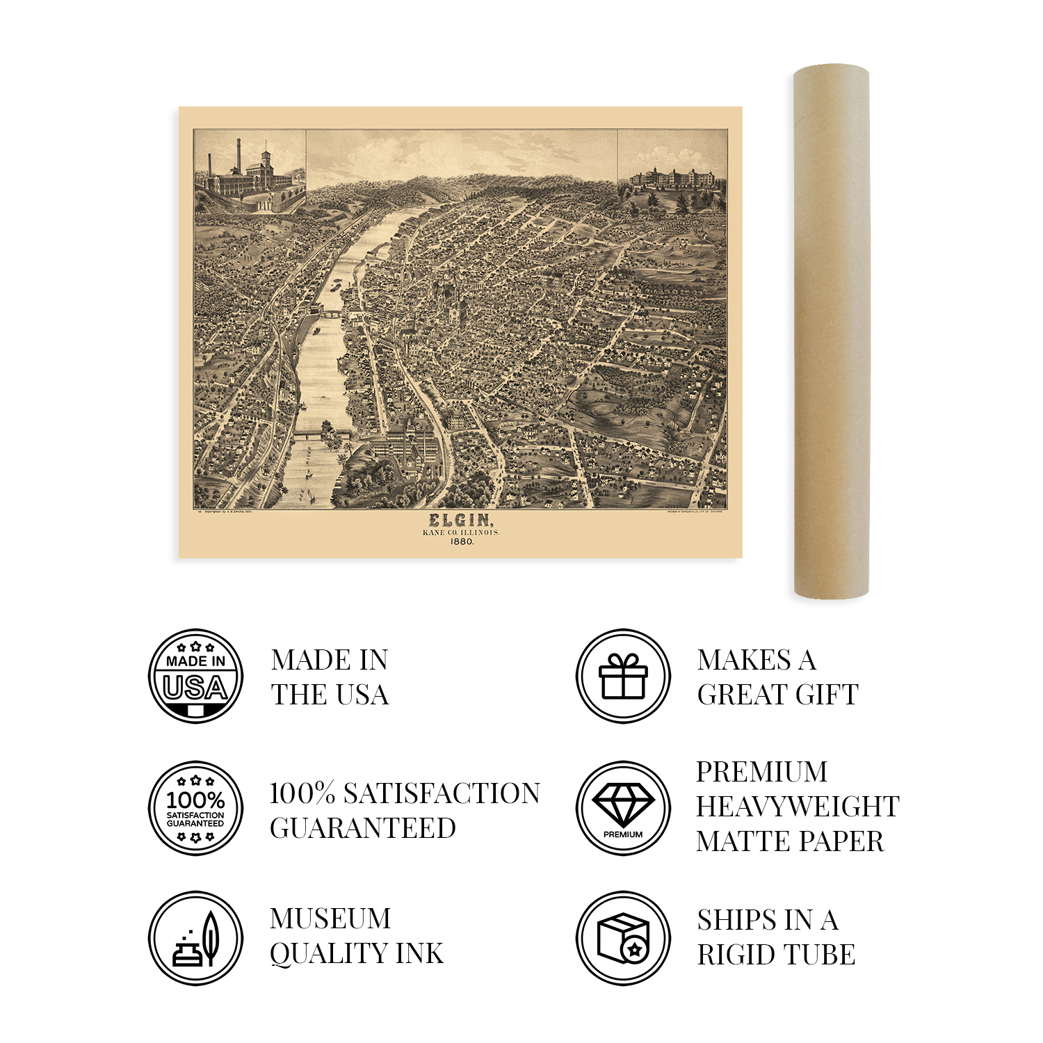 1880 Elgin Illinois Map Poster - Old Map of Elgin Illinois Wall Art ...