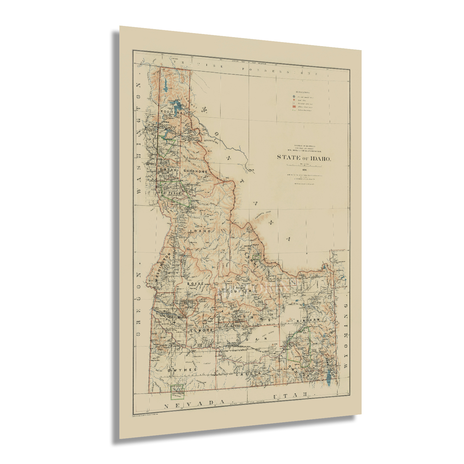 1891 Idaho Map Print - Old Map of Idaho Poster - State of Idaho History ...