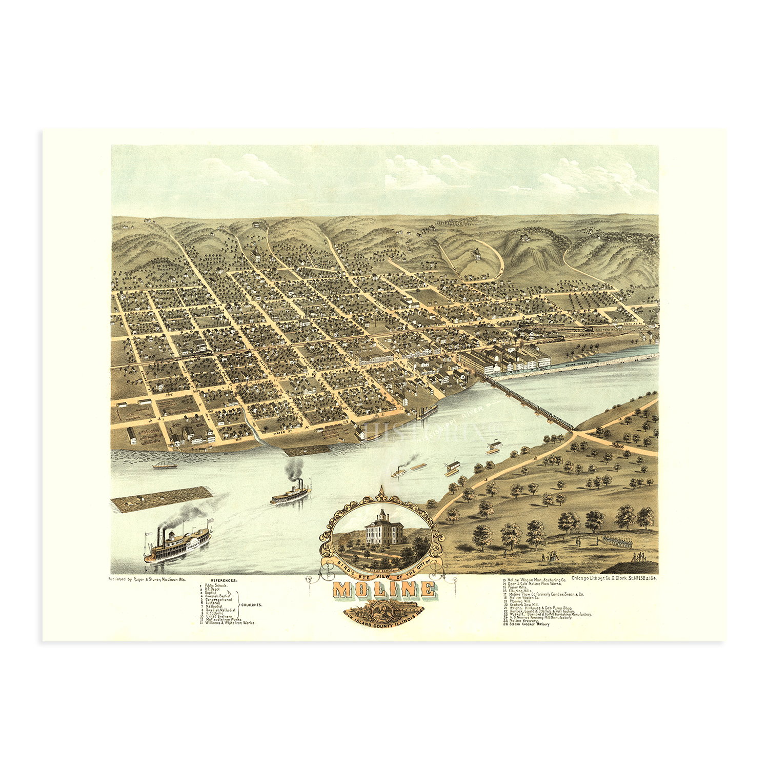 1869 Moline Illinois Map Poster - History Map of Moline Illinois Wall ...