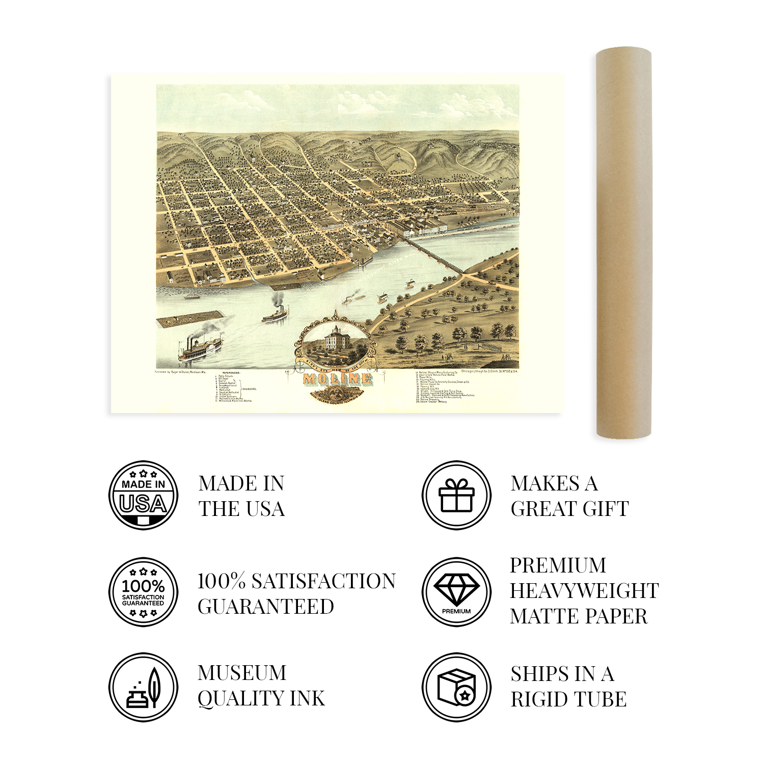 1869 Moline Illinois Map Poster - History Map of Moline Illinois Wall ...