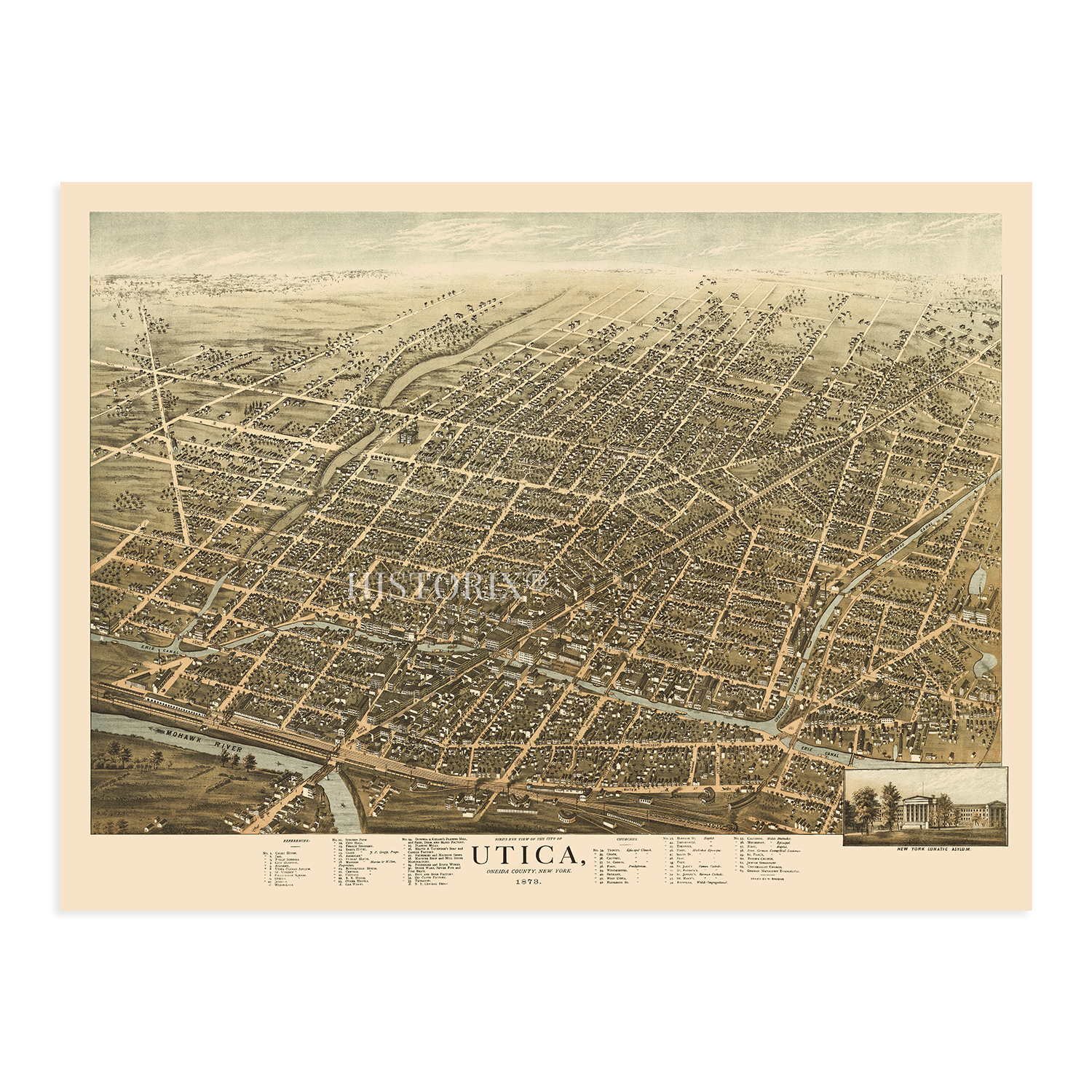 1873 Utica New York Map - Old Utica City Oneida County Wall Art Map of ...