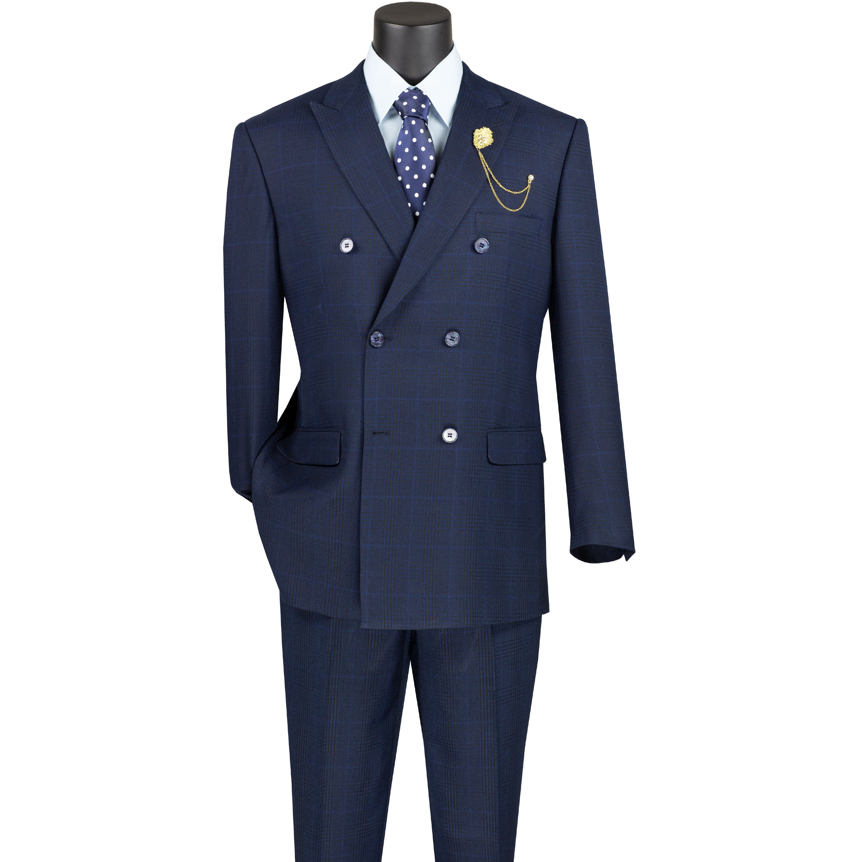 VINCI Men's Navy Blue Glen Plaid Double-Breasted 6-Button Classic Suit ...