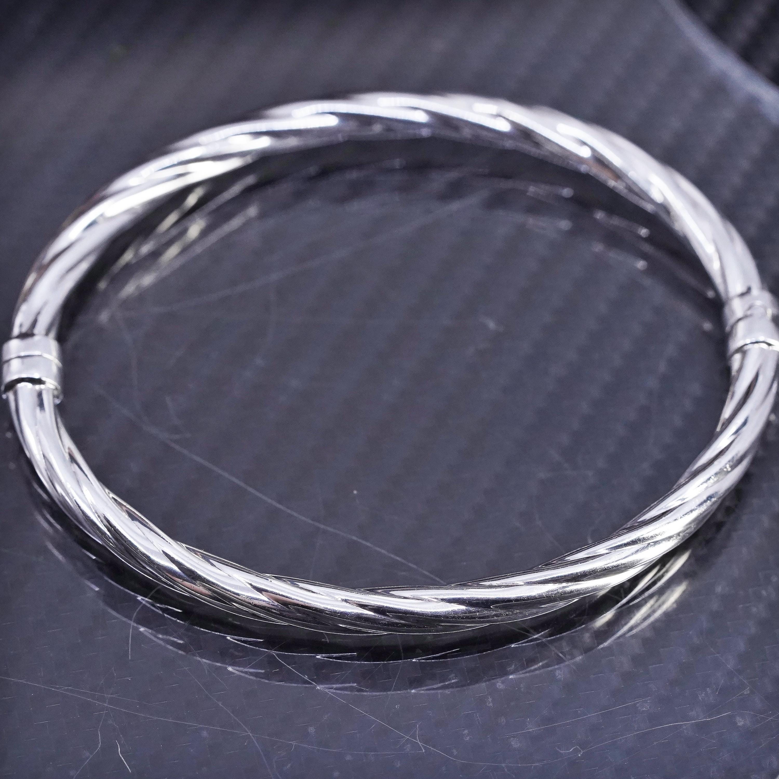 7.75”, sterling silver twisted textured 925 spring hinged bangle ...