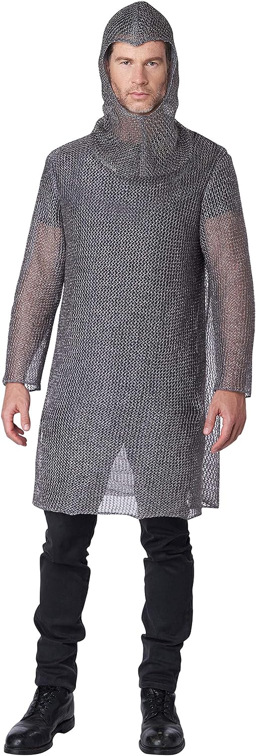 Metallic Knit Chainmail Tunic & Cowl Knight Fancy Dress Halloween Adult ...