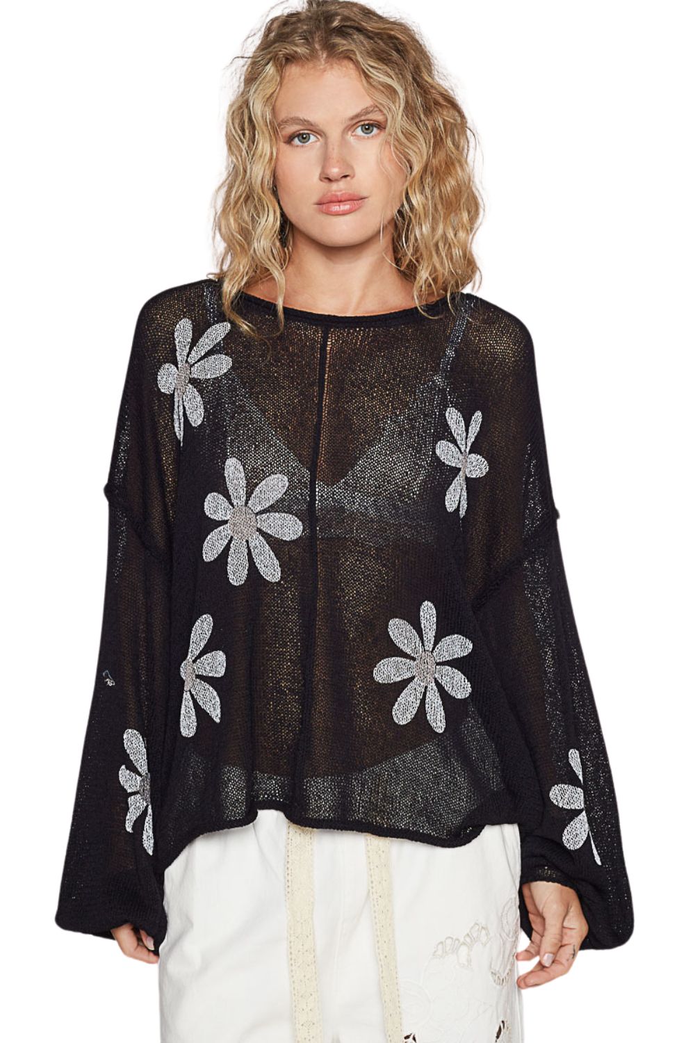 POL Clothing Womens Floral Print Balloon Sleeve Pullover Sweater, Black ...