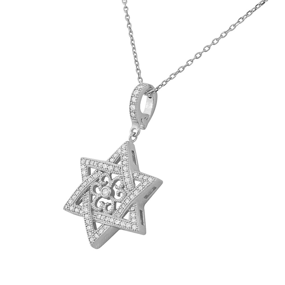 925 Sterling Silver Jewish Star of David CZ Filigree Pendant Necklace ...