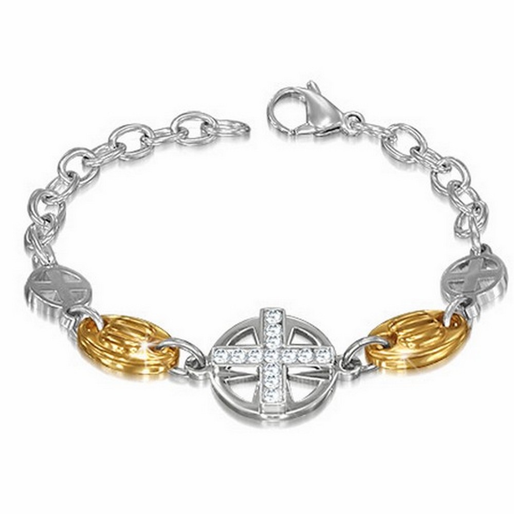 Stainless Steel Yellow Gold Silver Latin Cross Crystals CZ Link Chain ...