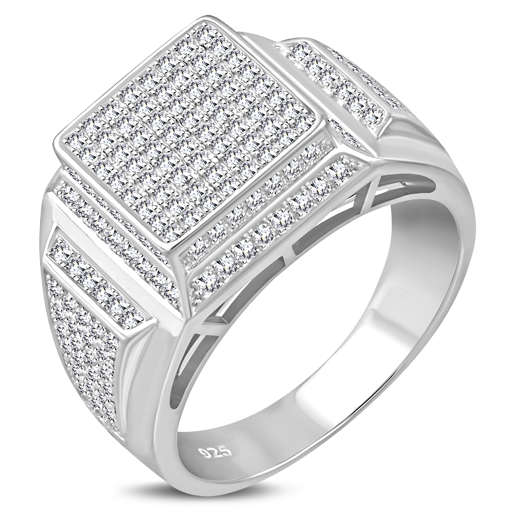 925 Sterling Silver Men's Silver-tone CZ square Pyramid-Style Signet ...
